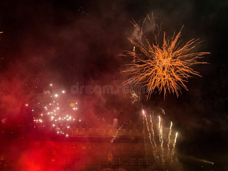 Night Sky Full of Fireworks in Copenhagen Stock Photo - Image of night ...