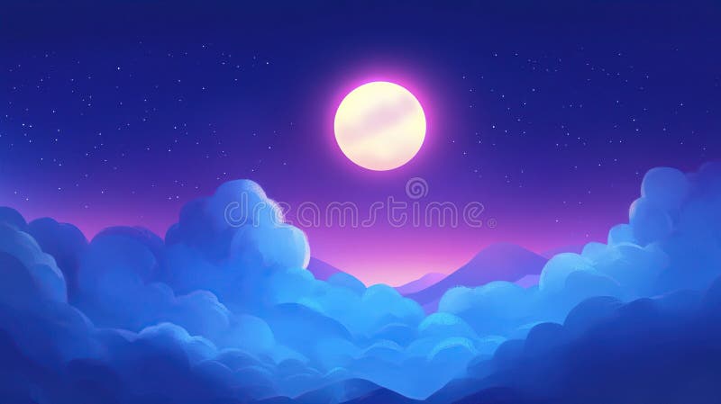 Night Sky with Full Moon Above Fluffy Clouds and Mountains Stock Image ...