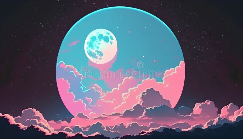 Night Sky with Full Moon and Clouds in Retro Style, Vector Illustration ...