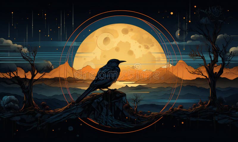 Night Sky with Full Moon and a Crow in the Forest Stock Illustration - Illustration of moonrise ...