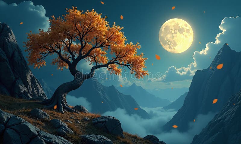 Night Sky Full Moon Golden Tree Autumn Leaves Stock Illustration ...