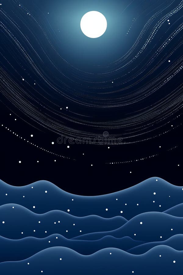 A Night Sky with a Full Moon and Waves in the Ocean Stock Illustration ...