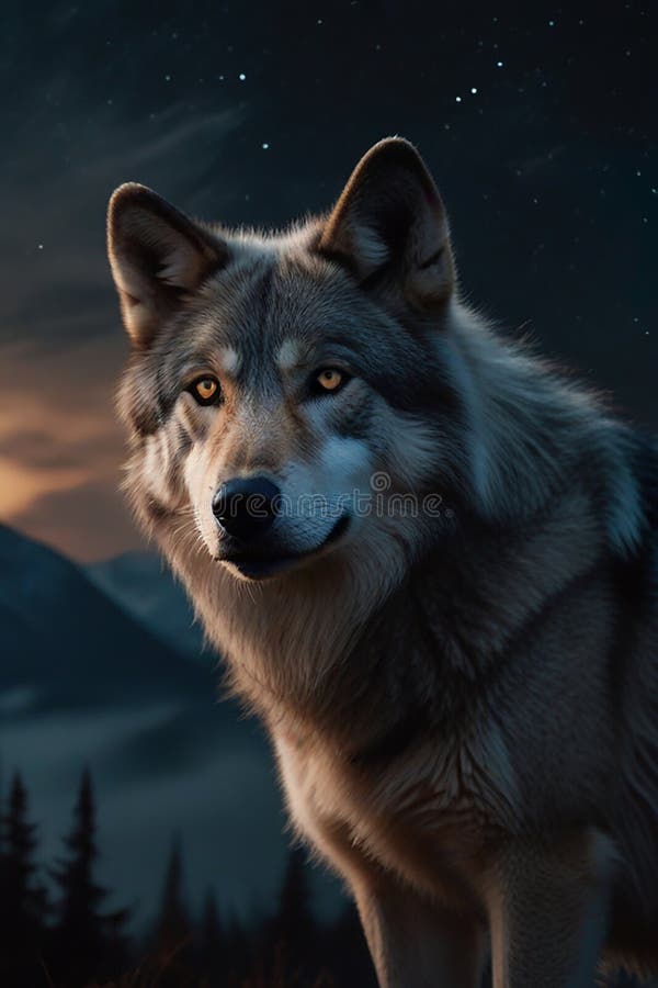 The Night Sky is Full of Stars, Moon and a Beautiful Wolf Stock Image ...