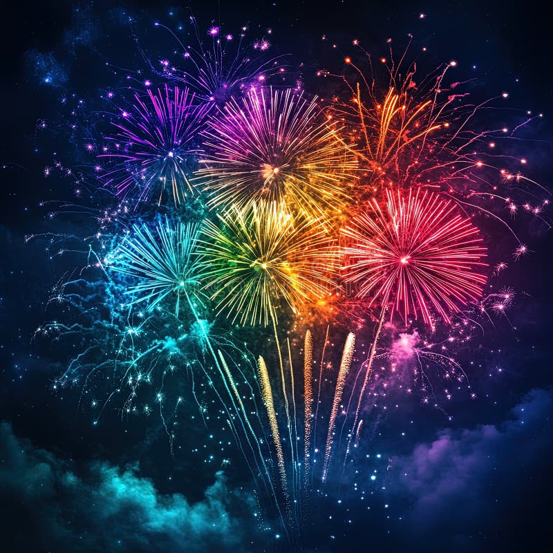 Explosive Rainbow Fireworks in Dark Night Sky with Empty Section Stock ...