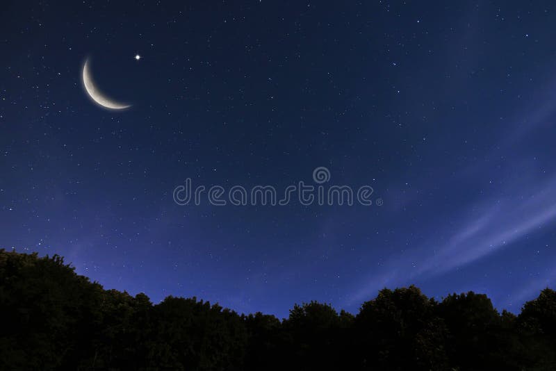 Night Sky Landscape and Moon, Stars, Ramadan Kareem Celebration Stock ...