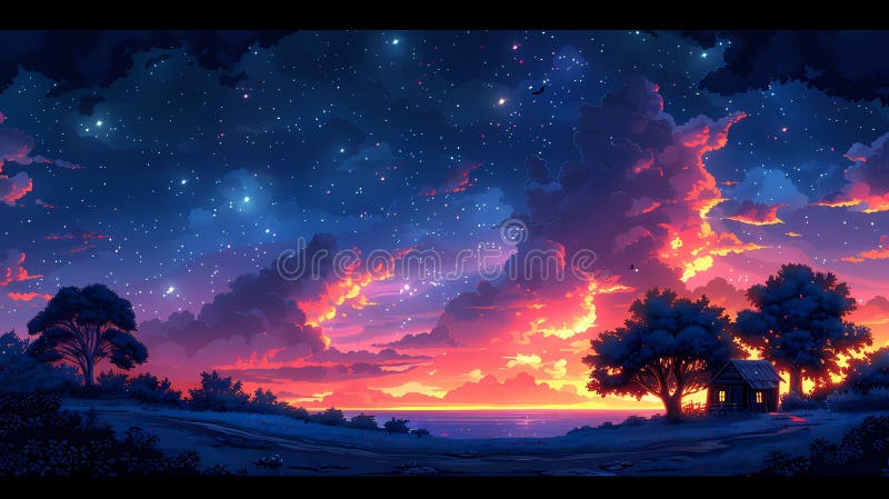 Night Sky Landscape with Palm Tree and Maple Stock Photo - Image of ...