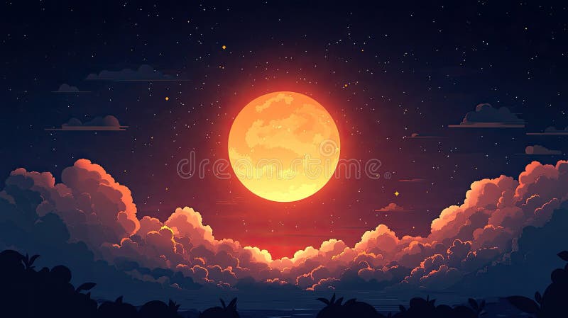 Night Sky, Large Orange Moon, Clouds, Artistic Illustration, Background ...