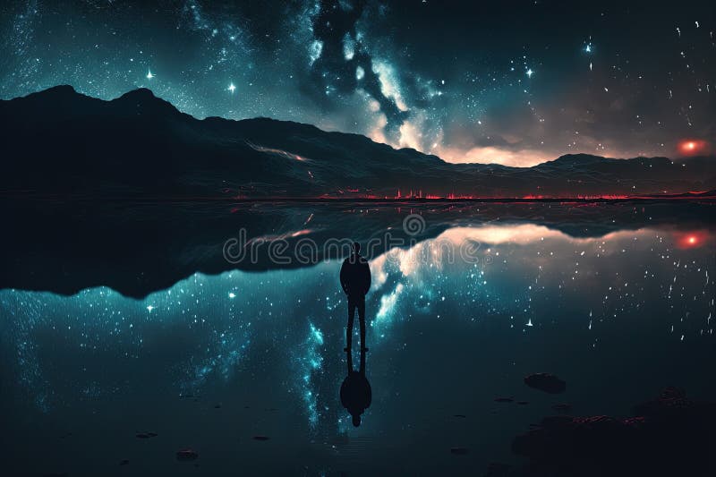 Night Sky And Milky Way Reflecting On Water Generative Ai Stock