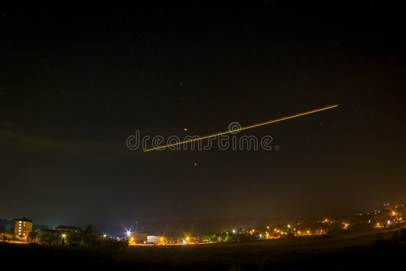Night Sky. Moon? Airplane Light and Mars Stock Photo - Image of eclipse ...