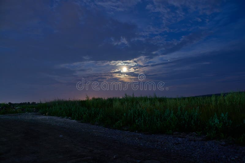 Night Sky and Moon Over the Field.summer Night Outdoors Stock Image ...