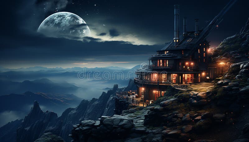 Night Sky, Moonlight Illuminates Mountain Range, Ship Explores ...