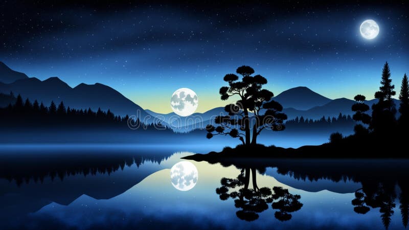 Night Sky Over Mountain Lake with Reflection, Moonlight, and Stars ...