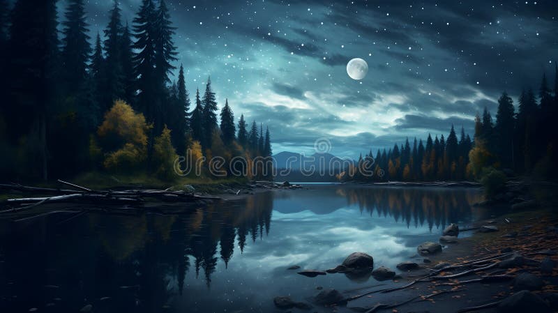 Night Sky in the Nature, Woods, Mountains and Water, Wilderness Concept ...