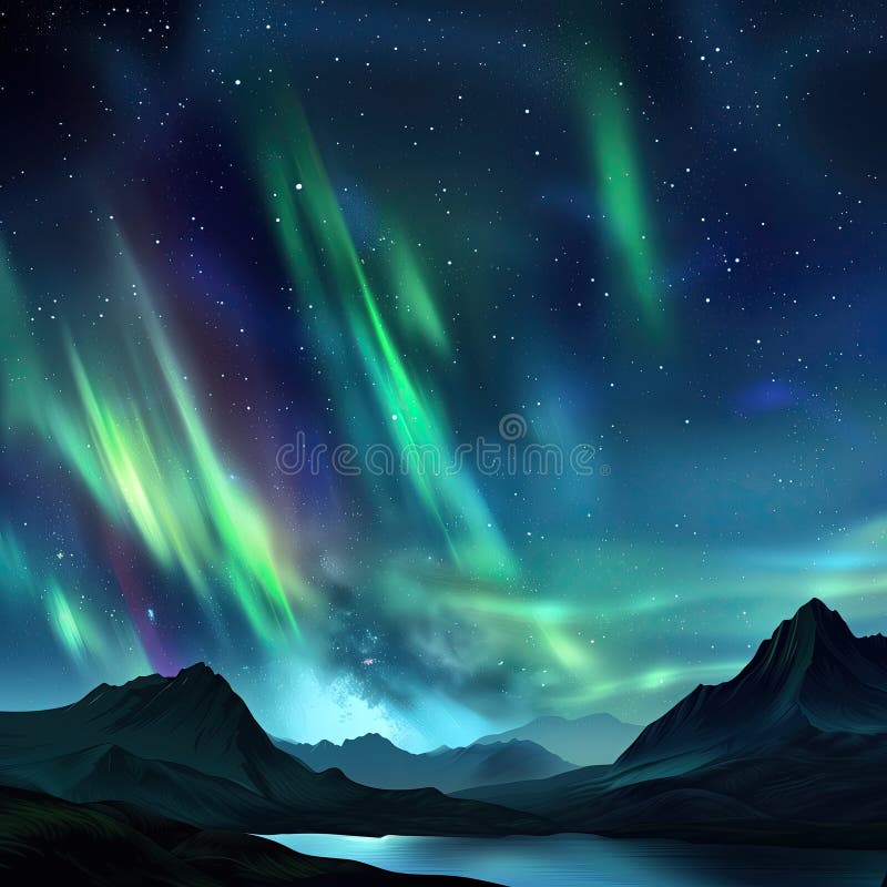 Night Sky with Northern Lights, Aurora, Winds Stock Illustration ...