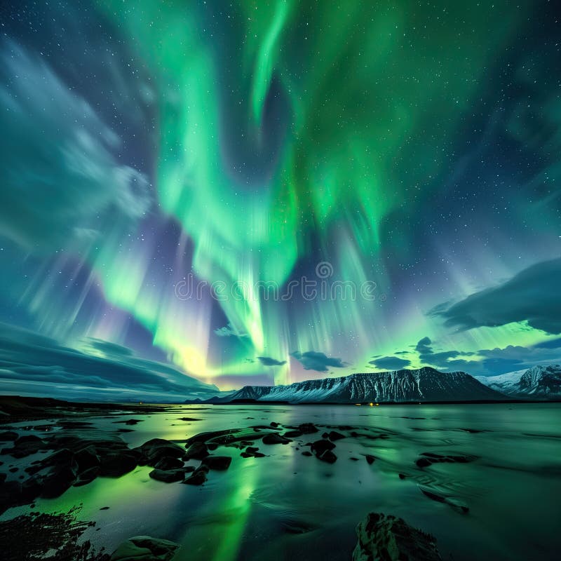 Night Sky with Northern Lights, Aurora, Winds Stock Illustration ...