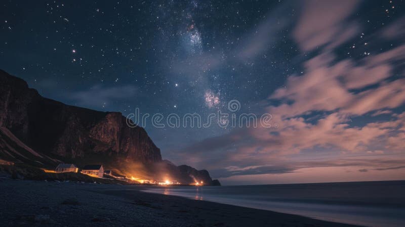 Night Sky Over Coastal Mountains, Stars, Clouds, and Ocean Waves at ...