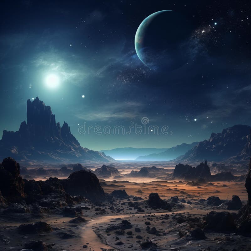 Night Sky Over Desolate Planet with Moon Stock Illustration ...