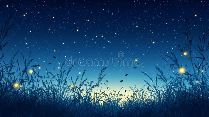 Night Sky Over Grassy Field with Fireflies Stock Illustration ...
