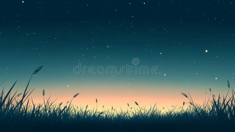 Night Sky Over Grassy Field at Sunset Stock Illustration - Illustration ...