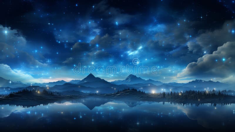 The Night Sky Over Mountains and Water with Stars Stock Illustration ...