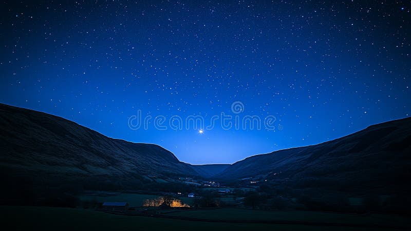 Night Sky Over Valley Village Stock Illustration - Illustration of moon ...