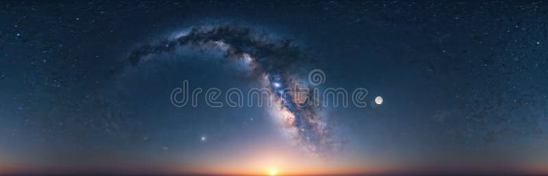 Night Sky Panorama Displays Milky Way with Rising Full Moon. Seamless ...