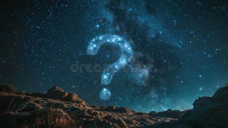 Night Sky with a Question Mark Formed by Stars Over a Rocky Landscape ...