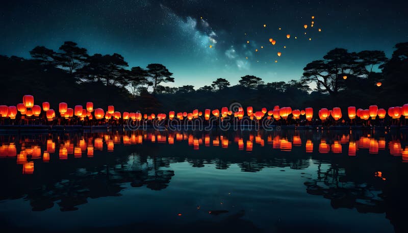 Night Sky Reflection of Floating Lanterns Over Calm Water Stock ...