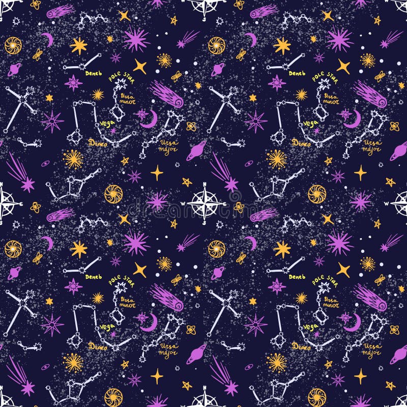 Night Sky Seamless Pattern. Constellations Map with Planets and Stars ...