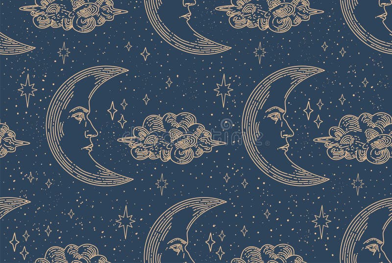 Night Sky Seamless Pattern. Moon with a Human Face. Magic Crescent ...