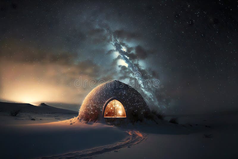 Night Sky and Semicircular Snow Igloo with Small Entrance Stock ...
