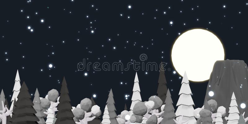 Night Sky on a Snowy Winter Night and Full Moon 3D Illustration Stock ...