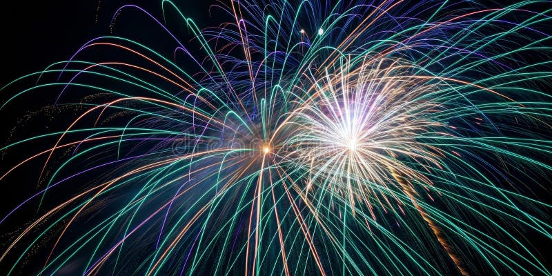 Night Sky Spectacle Vibrant Fireworks Display with Intertwined Trails ...