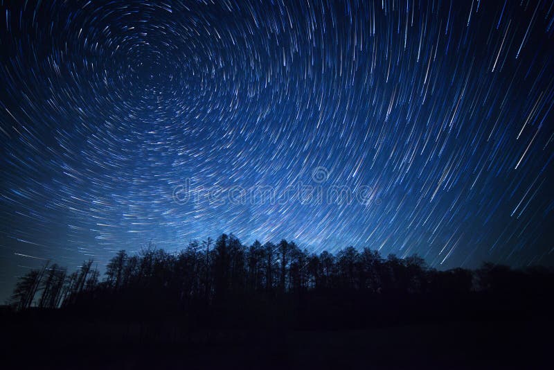 Night Sky, Star Trails and Forest Stock Image - Image of moon, lapse ...