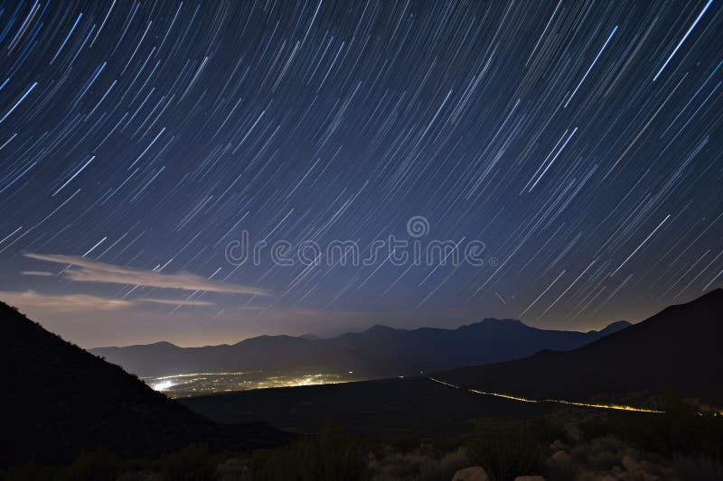 Night Sky, with Star Trails and Meteor Streaks, Over Mountain Range ...