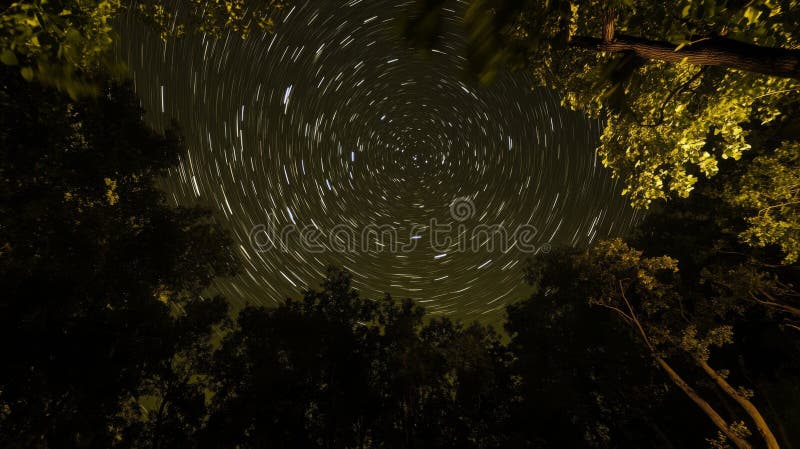 Night Sky with Star Trails Over a Forest Stock Illustration ...