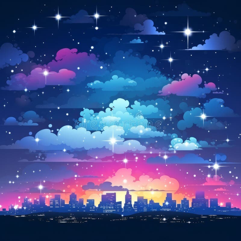 Night Sky with Stars and Clouds Over the City Skyline Stock ...