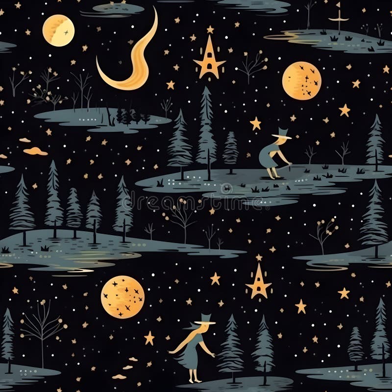 Night Sky with Stars Crescent Moon and a Few Flying Witches ,Generative ...