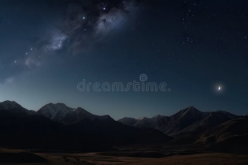 Night Sky with Stars and Crescent Moon Over Mountain Range Stock ...