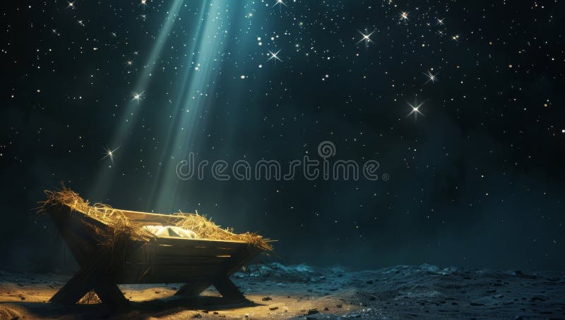 Night Sky with Stars Illuminating an Empty Manger on a Starry Winter ...