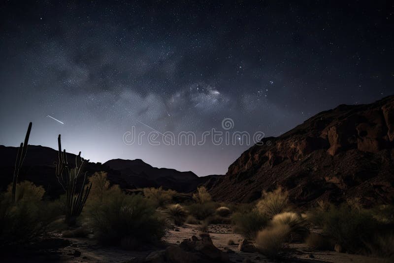 Night Sky with Stars and Moon Over Desert Canyon, Silhouetting the ...