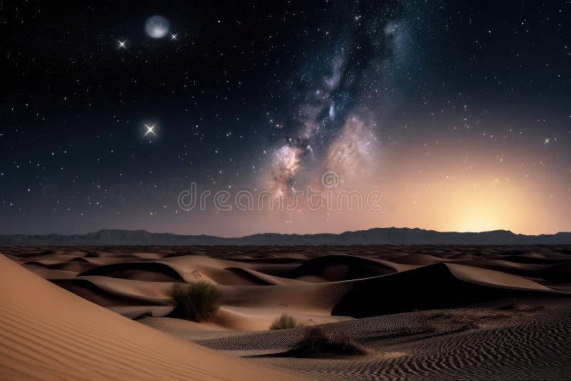 Night Sky with Stars and Moon Over Desert Dunes Stock Illustration ...
