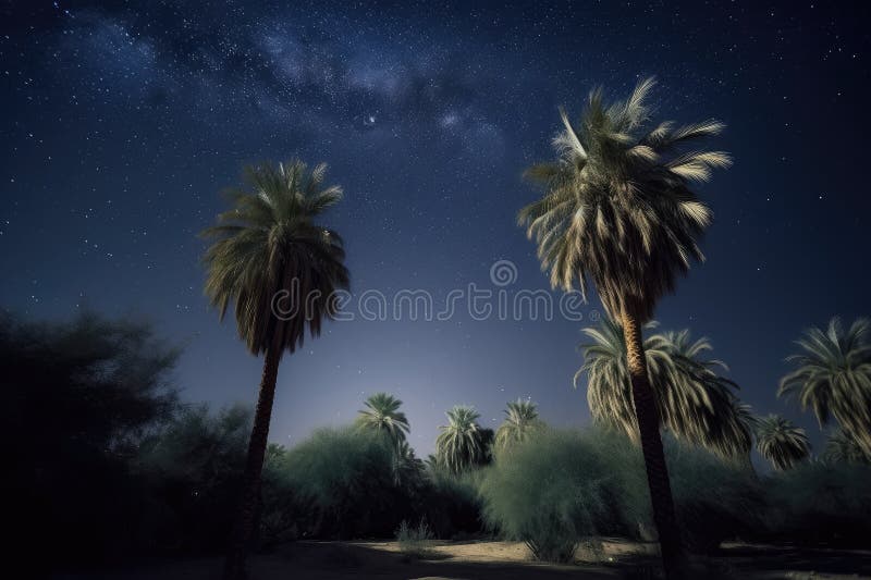 Night Sky with Stars and Moon Over Palm Trees on Desert Oasis Stock ...