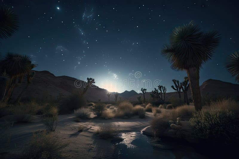 Night Sky with Stars and Moon, Shining Down Over Oasis in Desert Stock ...