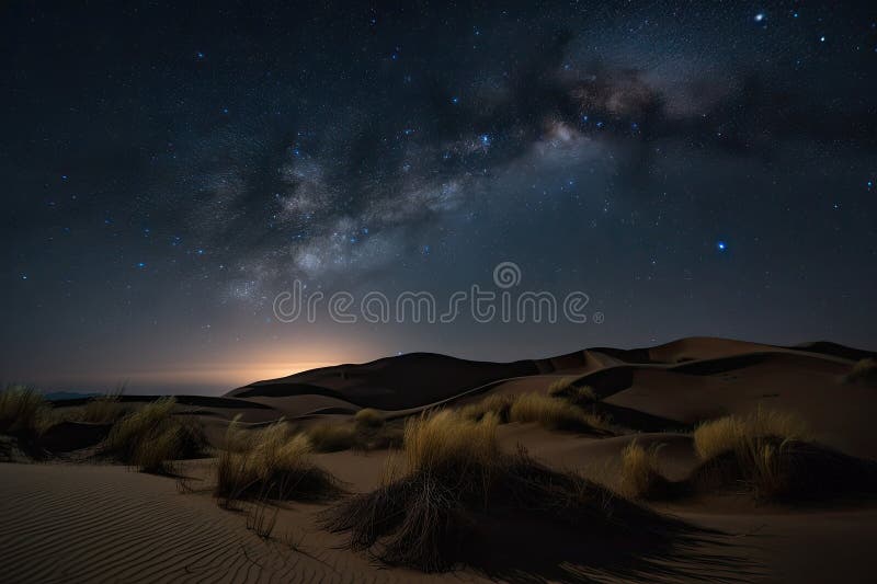Night Sky with Stars and Moon Shining Over Rolling Dunes Stock ...