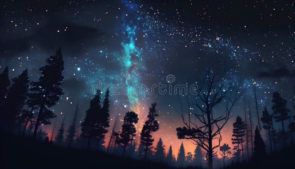 Night Sky with Stars and Nebula in the Forest. 3d Rendering Stock ...