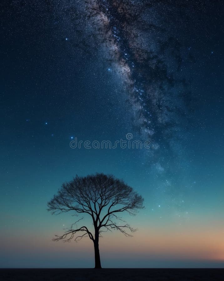 Night Sky with Stars and Silhouette of Tree. Stock Image - Image of ...