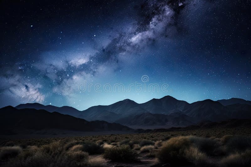 Night Sky with Thousands of Stars Over Mountain Range and Desert Stock ...