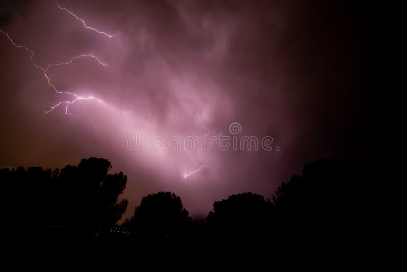 Night Sky with Thunderstorm, Lightning and Thunder in Purple Colors ...