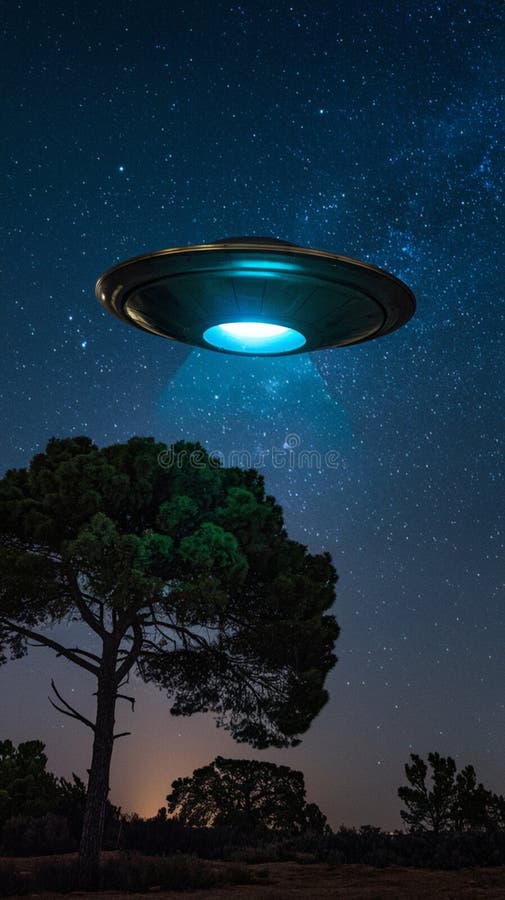 Night Sky with UFO Glowing Above Tree, Subtle Light Hints at Celestial ...